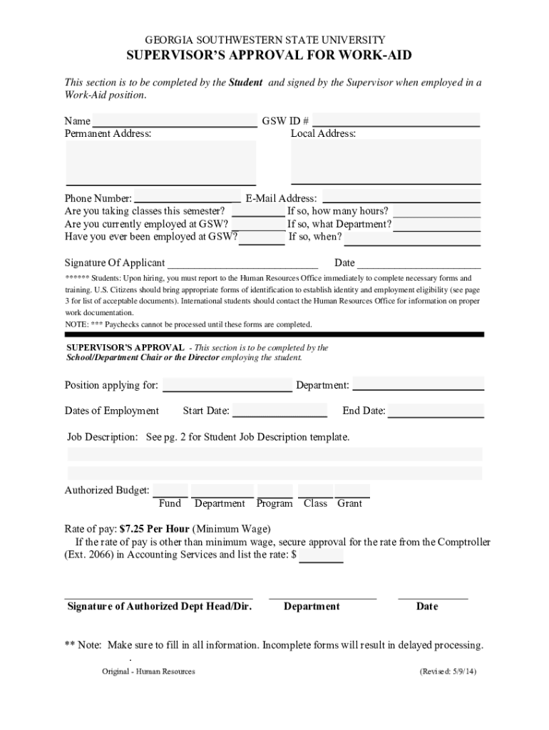 Fillable Online Supervisor's Approval for Work-Aid Fax Email Print - pdfFiller