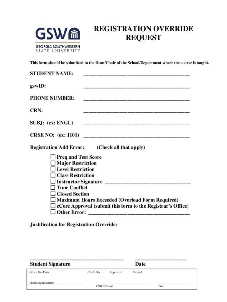 Fillable Online Registration Override Request Fax Email Print - pdfFiller