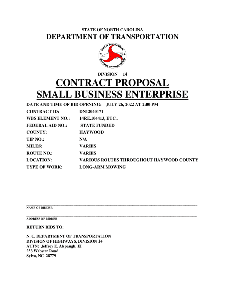 Fillable Online DIVISION 14 CONTRACT PROPOSAL SMALL BUSINESS ENTERPRISE - NCDOT Fax Email Print ...