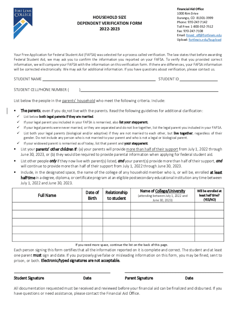 Fillable Online household size dependent verification form 2022-2023 ...