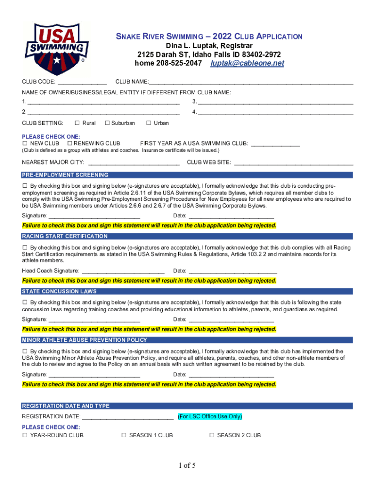 Fillable Online SNAKE RIVER SWIMMING2022 CLUB APPLICATION - TeamUnify Fax Email Print - pdfFiller