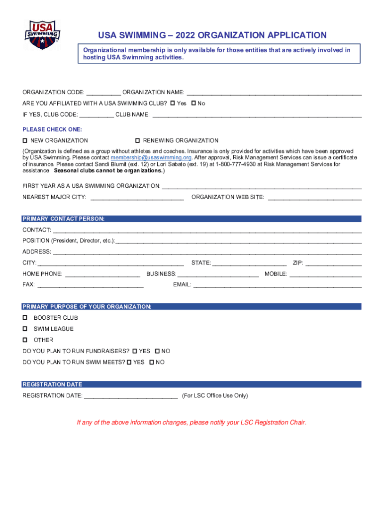 Fillable Online 2022 ORGANIZATION APPLICATION - USA SWIMMING Fax Email ...