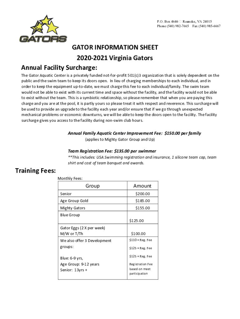 Fillable Online GATOR INFORMATION SHEET 2016-2017 Virginia Gators ...