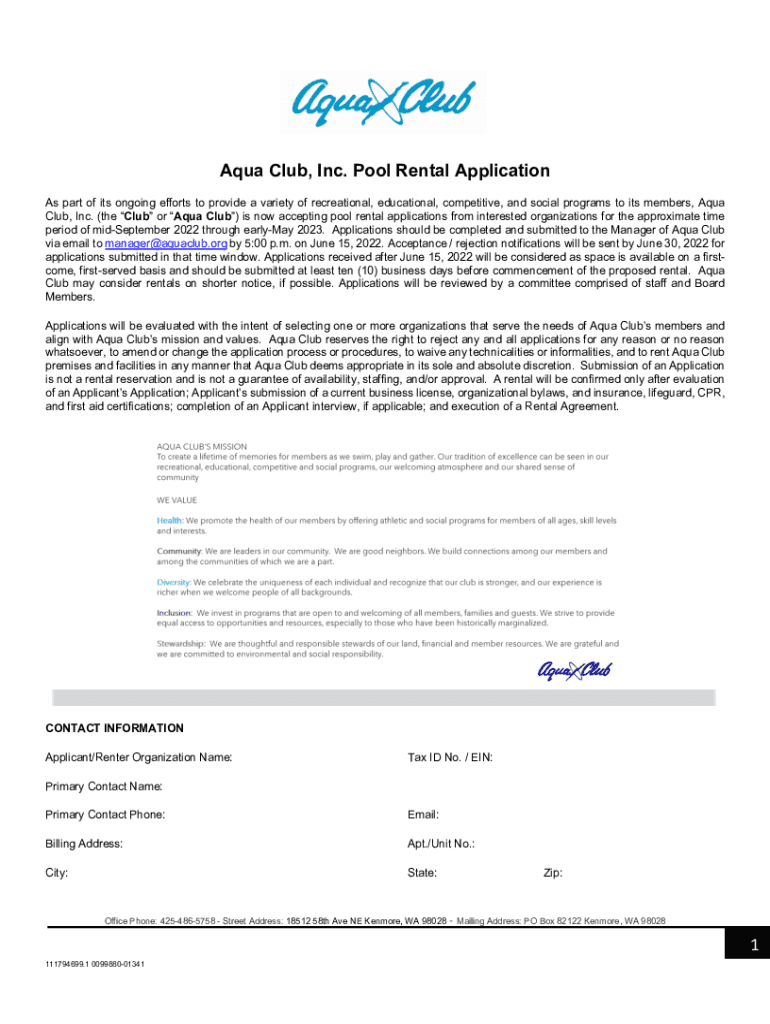 Fillable Online Aqua Club Pool Rental Application Form 2022-05-15 final ...