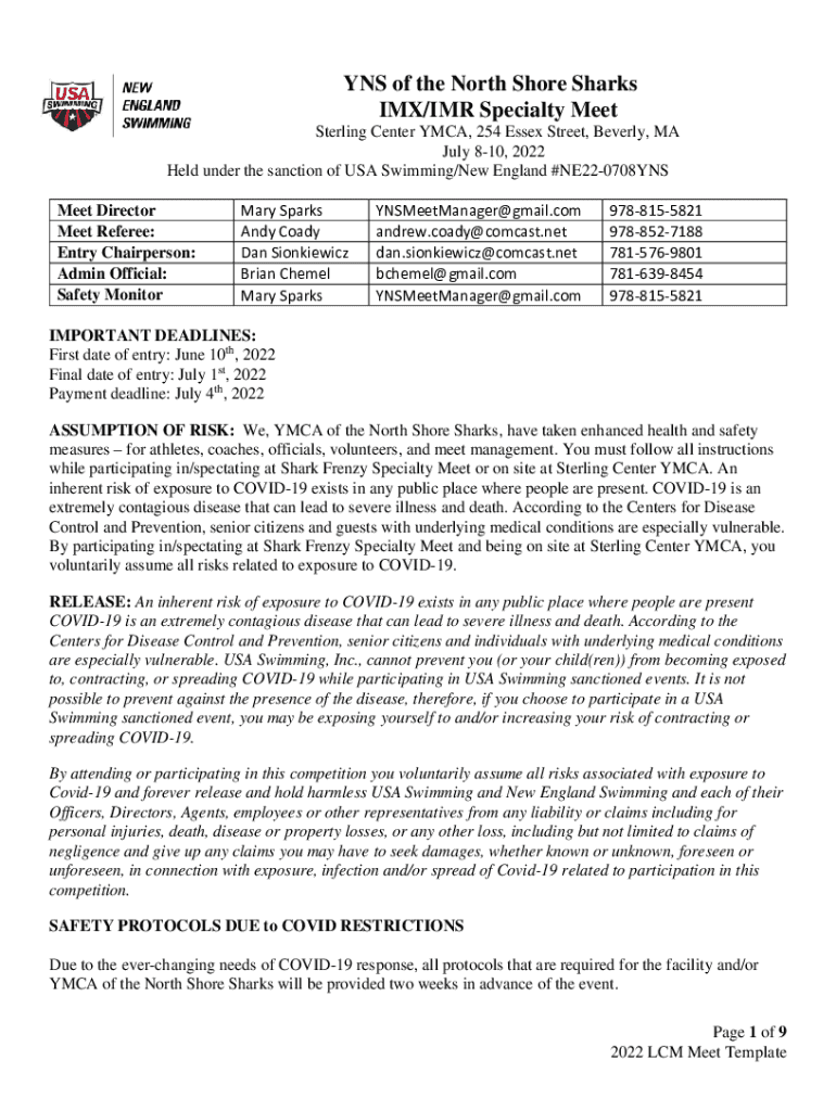 Fillable Online YNS of the North Shore Sharks IMX/IMR Specialty Meet Fax Email Print - pdfFiller
