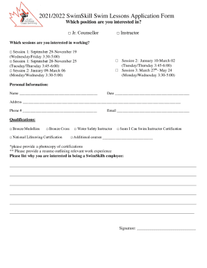 Fillable Online 2021/2022 SwimSkill Swim Lessons Application Form Fax ...