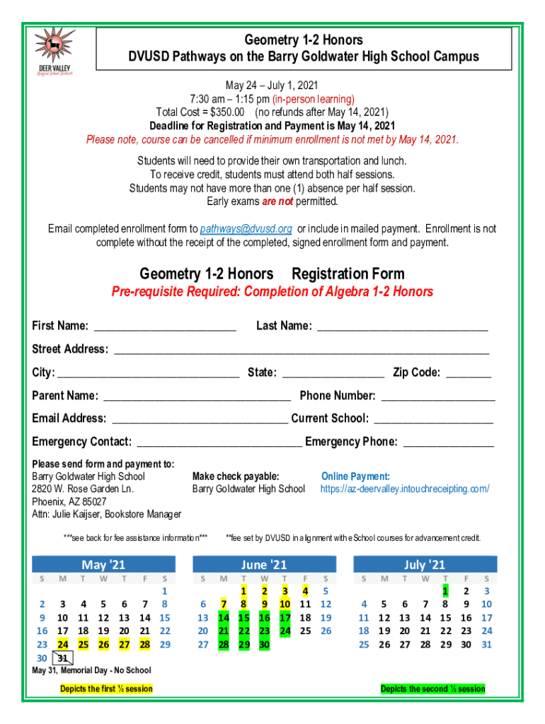 Fillable Online Geometry 1-2, Honors Registration Form Completion of ...