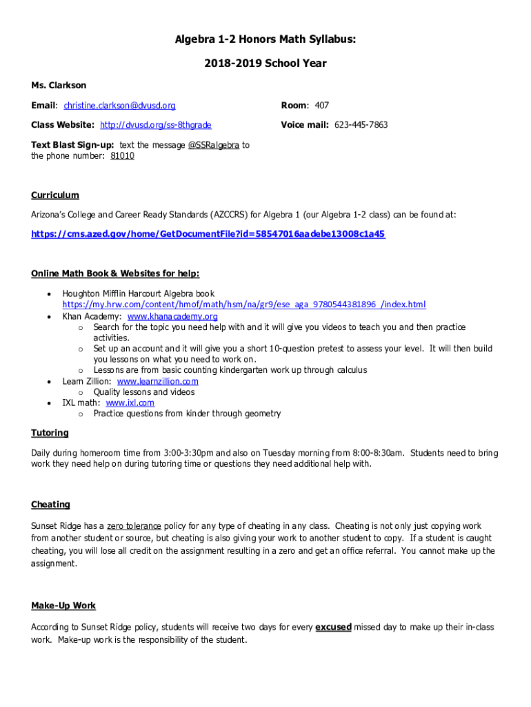 Fillable Online Algebra 1-2 Honors Math Syllabus: 2018-2019 School Year ...