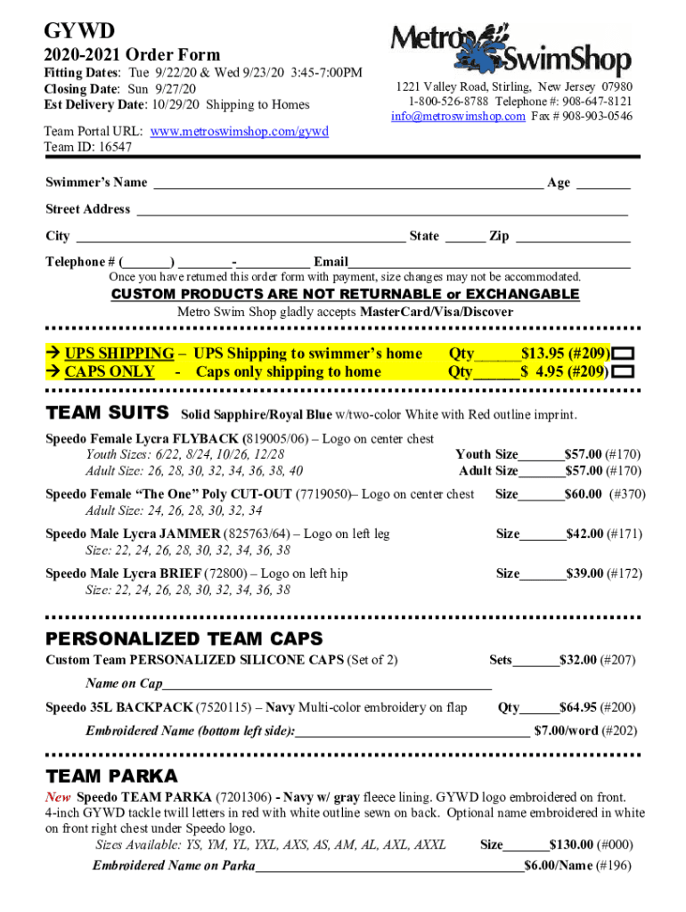 Fillable Online GYWD - 2020-2021 Order Form - TeamUnify Fax Email Print - pdfFiller