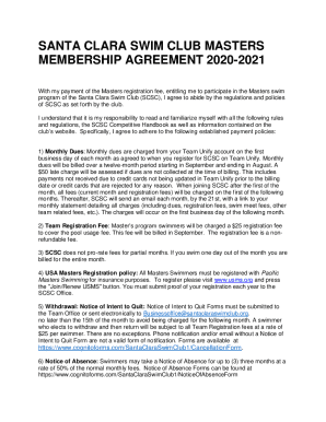 Fillable Online SANTA CLARA SWIM CLUB MEMBERSHIP AGREEMENT 2020-2021 ...