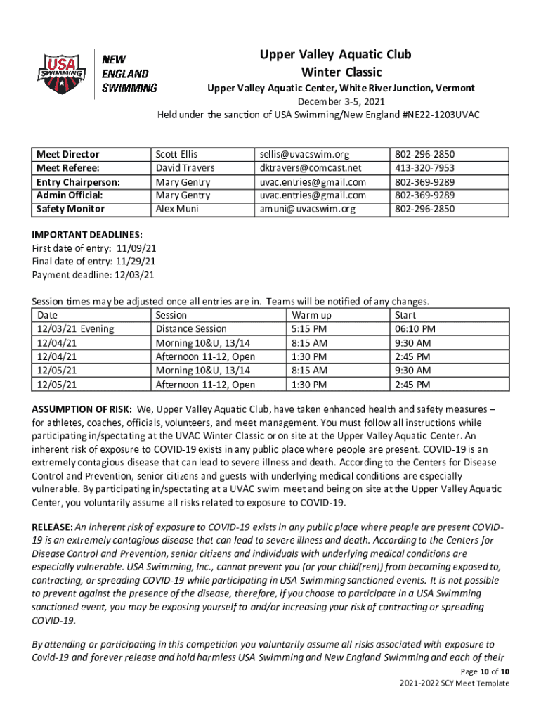 Fillable Online Upper Valley Aquatic Club Winter Classic - TeamUnify ...