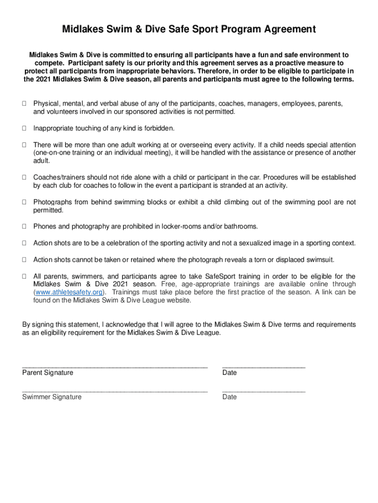 Fillable Online Midlakes Swim & Dive Safe Sport Program Agreement ...