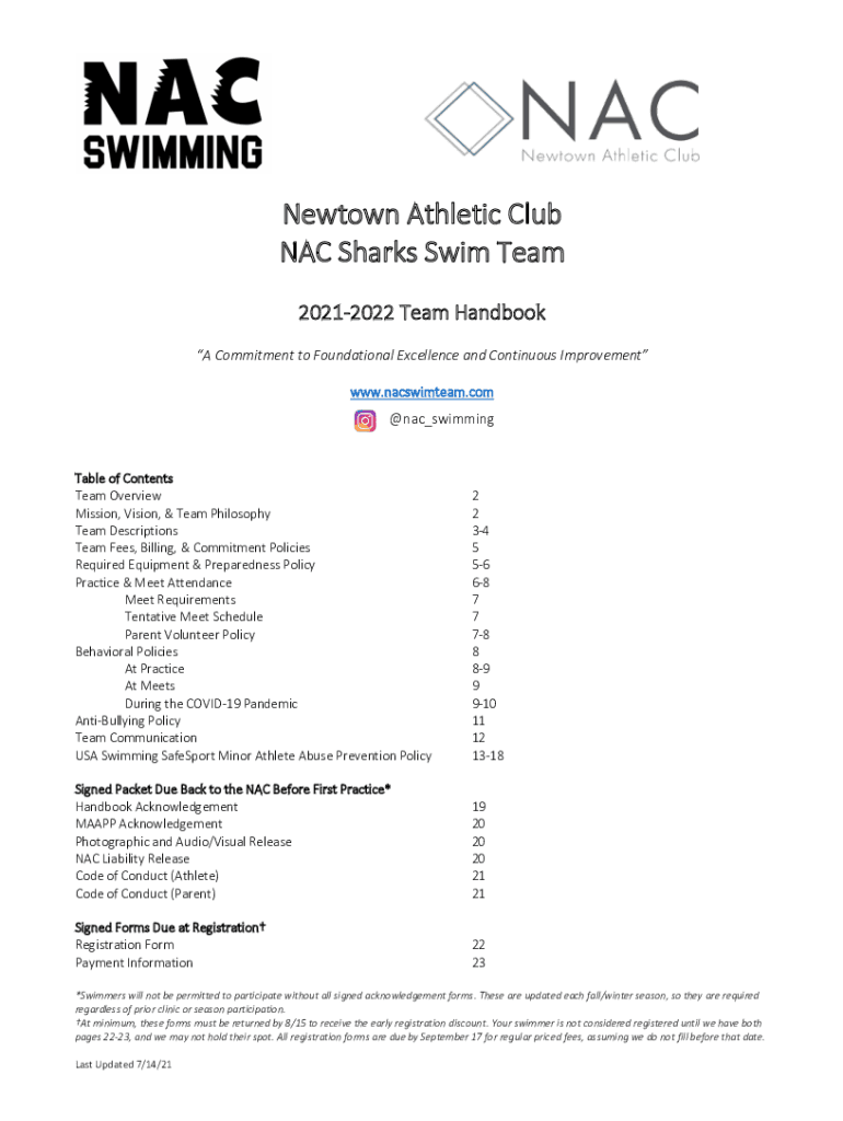 Fillable Online Newtown Athletic Club NAC Attack Sharks Swim Team ...