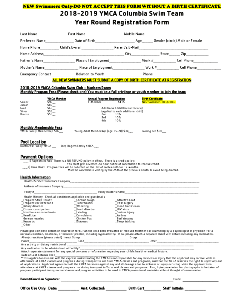 Fillable Online Swim Team Registration Form 1819 Teamunify Fax Email
