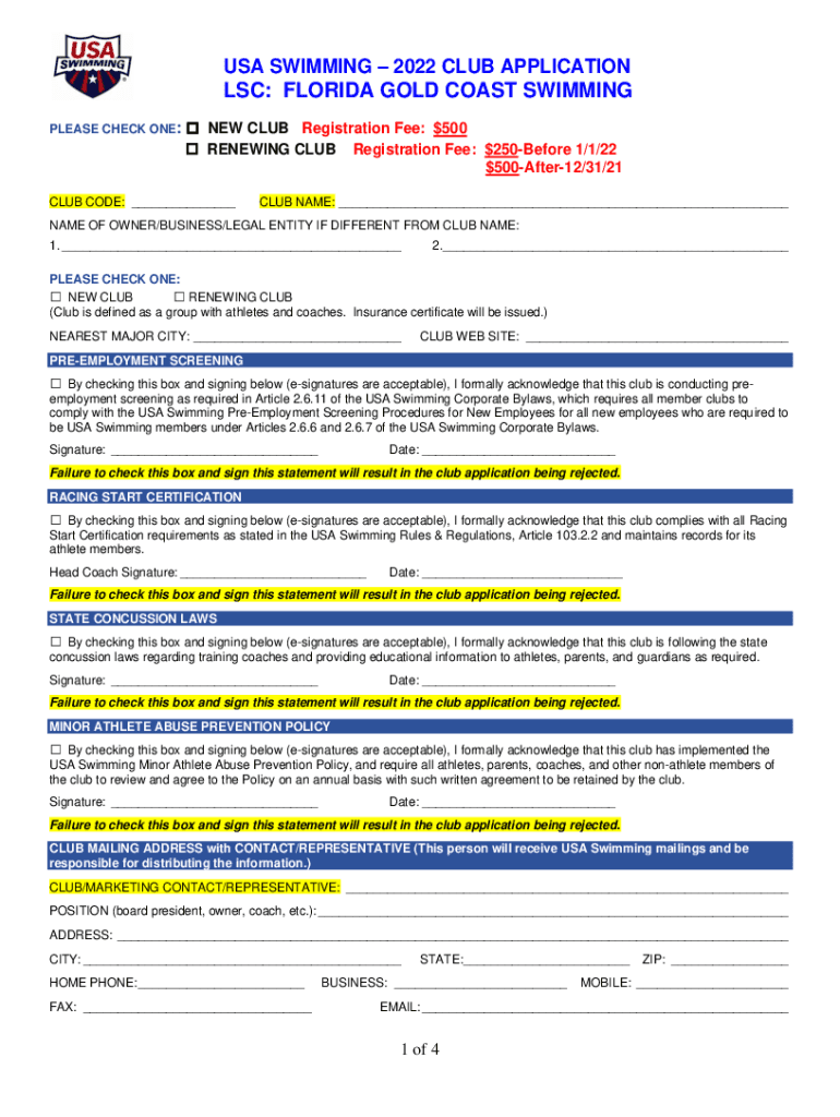 Fillable Online USA SWIMMING 2022 CLUB APPLICATION LSC: FLORIDA GOLD ...