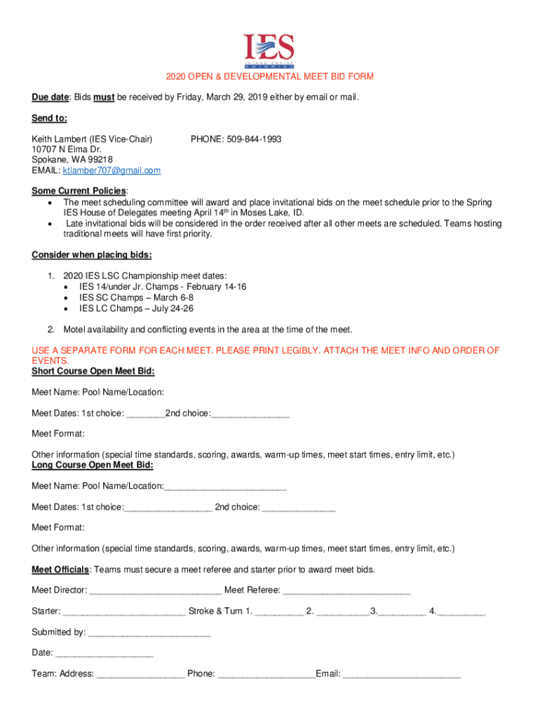 Fillable Online 2020 OPEN & DEVELOPMENTAL MEET BID FORM Due date Fax ...