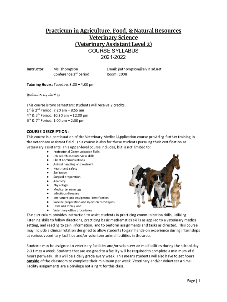 Fillable Online Practicum in Agriculture, Food, & Natural Resources Veterinary Science ... Fax ...