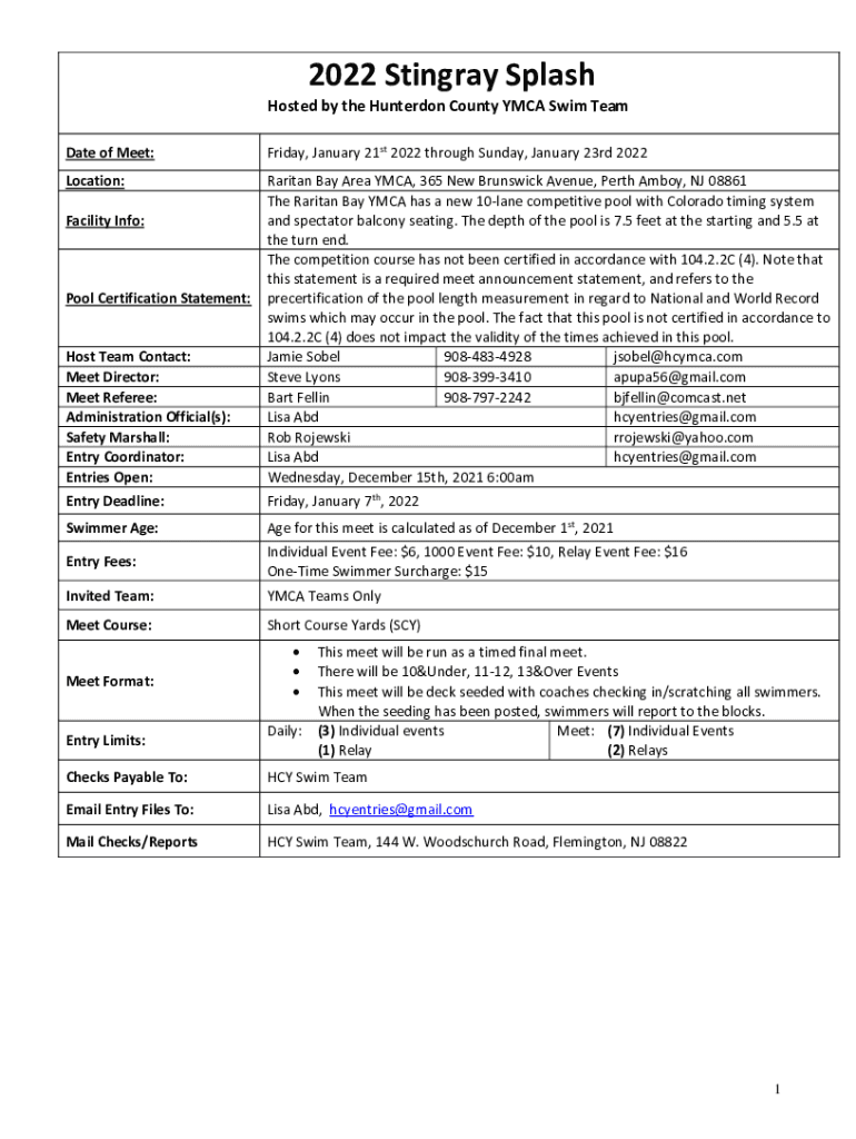 Fillable Online Hosted by the Hunterdon County YMCA Swim Team ...