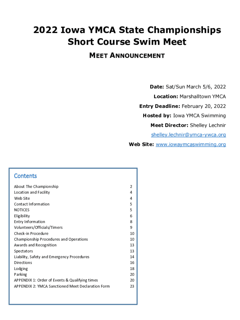 Fillable Online 2022 Iowa YMCA State Championships Short Course Swim ... Fax Email Print - pdfFiller