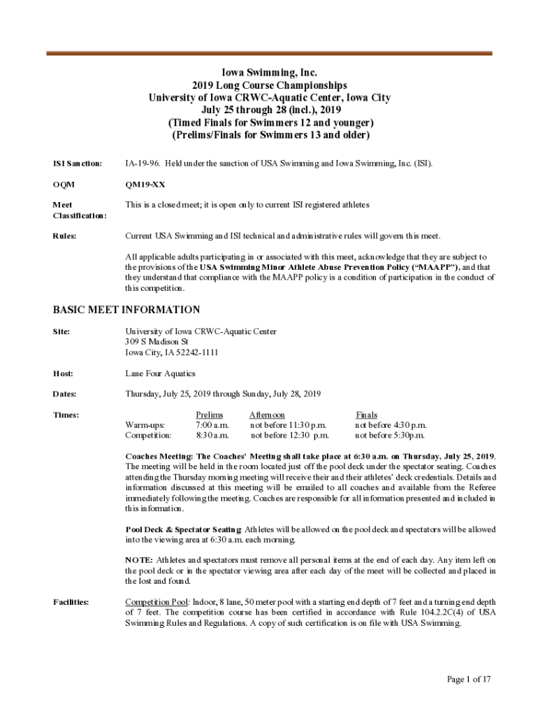 Fillable Online Iowa Swimming Long Course Champs - top finishes ...
