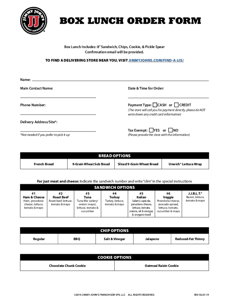 Jimmy Johns Sandwich Box Order Form Printable - Fill Online, Printable ...