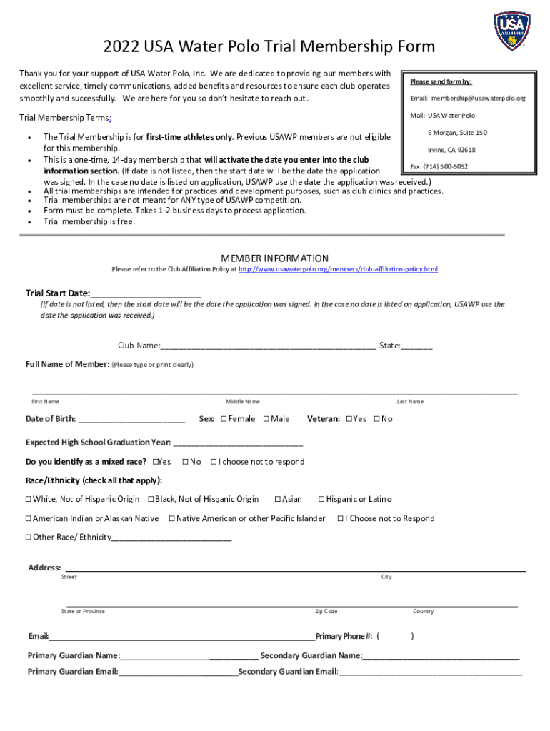 Fillable Online 2022 USA Water Polo Trial Membership Form - teamunify ...