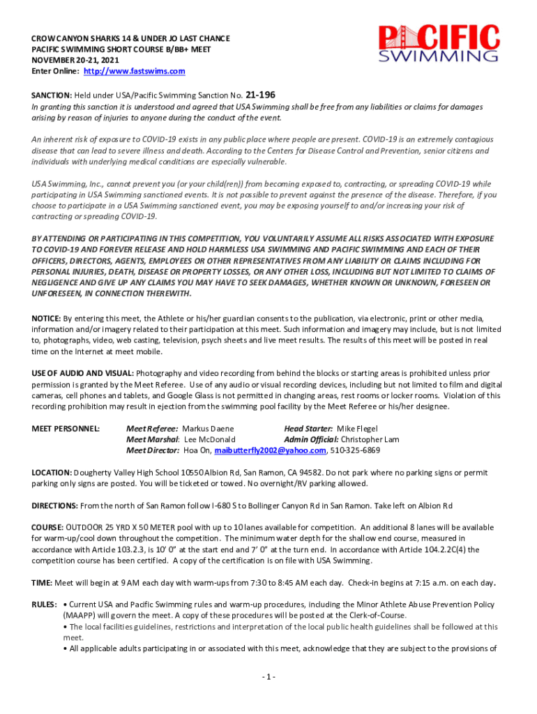Fillable Online pacific swimming short course b/bb+ meet - TeamUnify Fax Email Print - pdfFiller