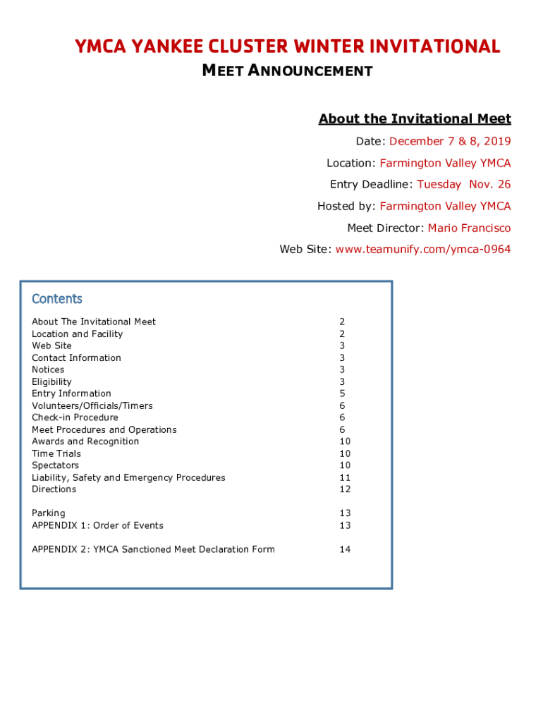 Fillable Online YMCA YANKEE CLUSTER WINTER INVITATIONAL - TeamUnify Fax ...
