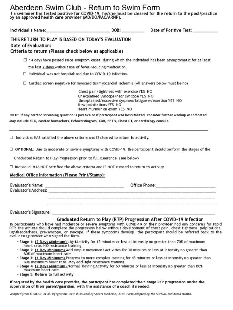 Fillable Online Return to Swim Form - TeamUnify Fax Email Print - pdfFiller