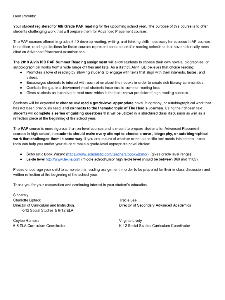 Fillable Online Your student registered for 6th Grade PAP readingfor the ... Fax Email Print ...