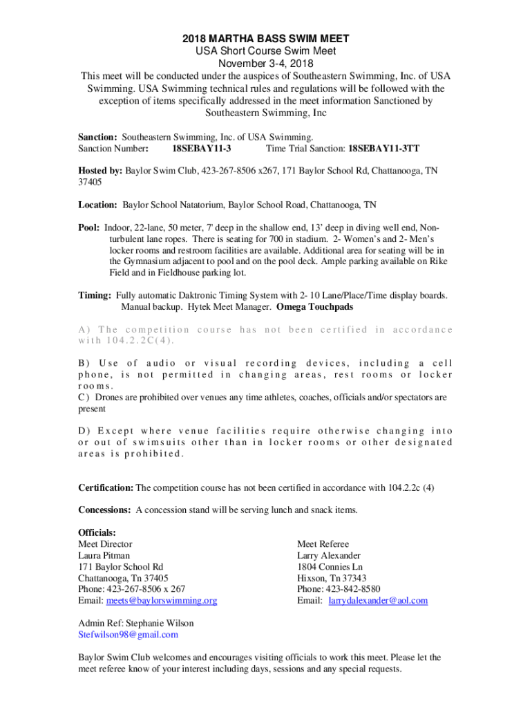 Fillable Online 2018 MARTHA BASS SWIM MEET USA Short Course Swim ...