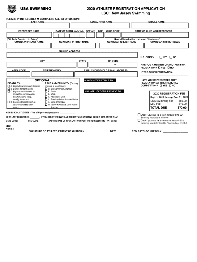 Fillable Online USA SWIMMING 2020 ATHLETE REGISTRATION APPLICATION LSC: NEW JERSEY SWIMMING Fax ...