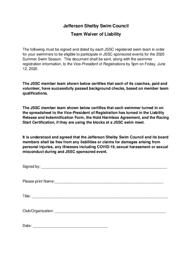 Fillable Online Jefferson Shelby Swim Council Team Waiver of Liability ...
