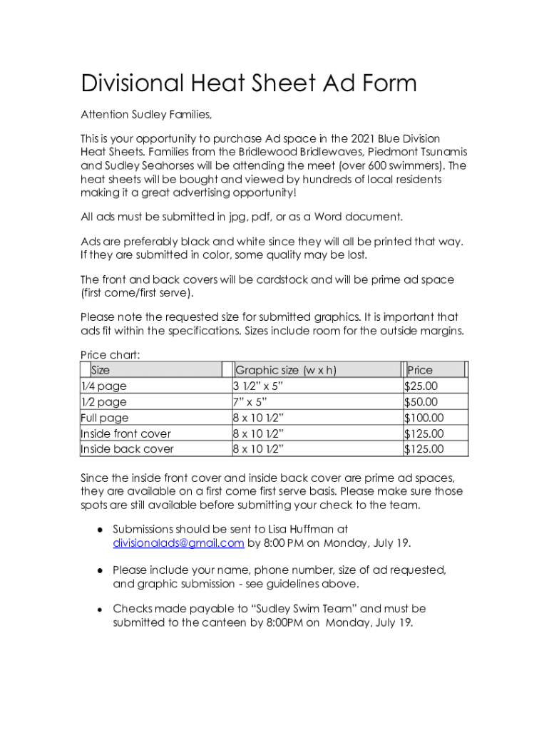 Fillable Online Divisional Heat Sheet Ad Form - TeamUnify Fax Email Print - pdfFiller