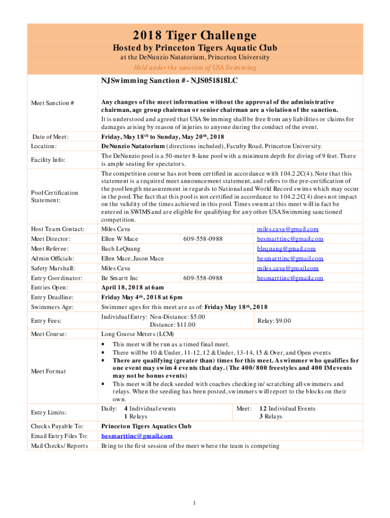 Fillable Online PTAC Tiger Challenge LC 2018 Meet Info.doc Fax Email ...