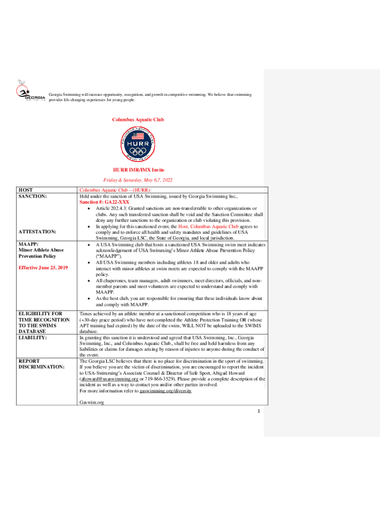 Fillable Online 1 Columbus Aquatic Club HURR IMR/IMX Invite Friday ...