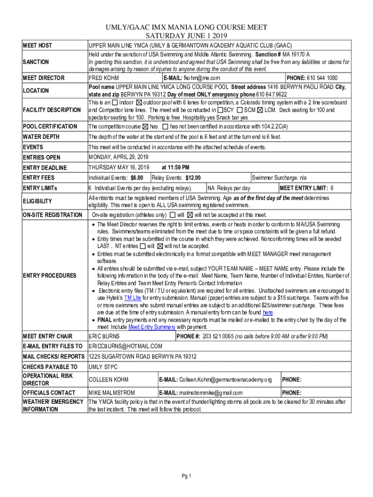 Fillable Online UMLY/GAAC IMX MANIA LONG COURSE MEET SATURDAY ... Fax ...