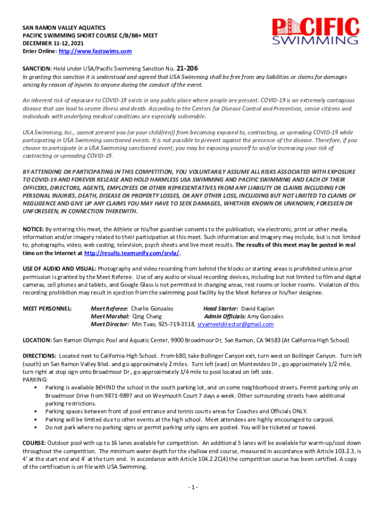 Fillable Online pacific swimming short course c/b/bb+ meet - TeamUnify Fax Email Print - pdfFiller