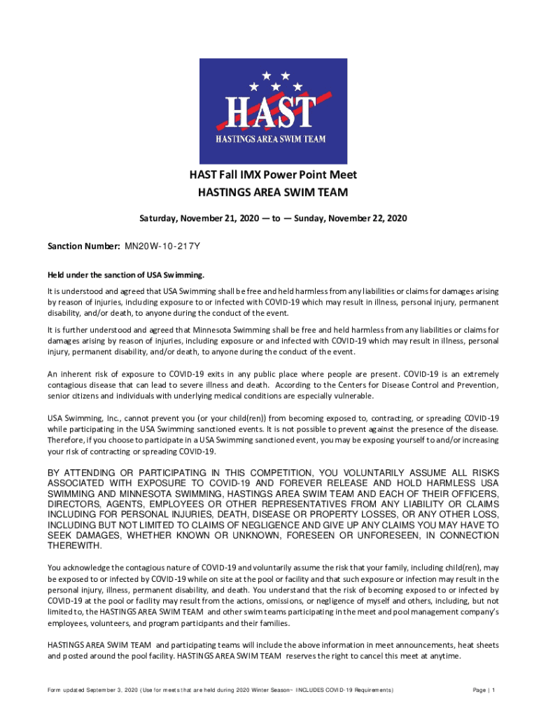 Fillable Online HAST Fall IMX Power Point Meet HASTINGS AREA SWIM TEAM ...