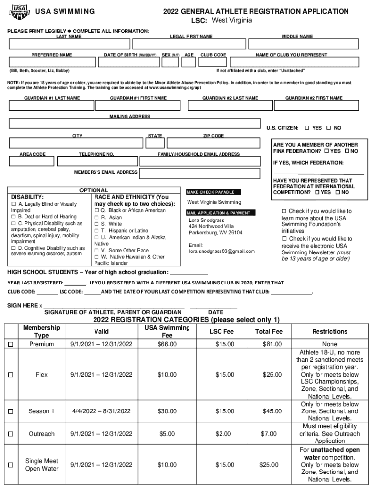 Fillable Online 2022 GENERAL ATHLETE REGISTRATION APPLICATION LSC: West ...