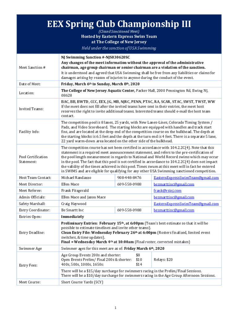 Fillable Online EEX Spring Club Championship III - Eastern Express Swimming Fax Email Print ...