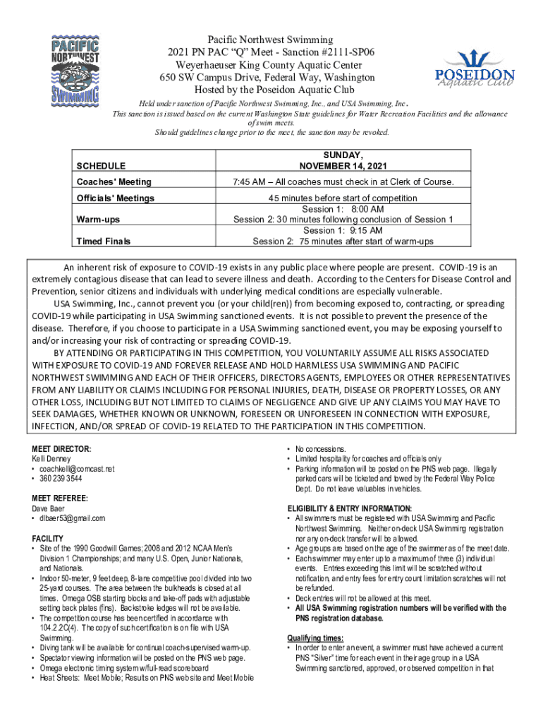 Fillable Online Pacific Northwest Swimming 2021 PN PAC Q Meet - Sanction ... - TeamUnify Fax ...