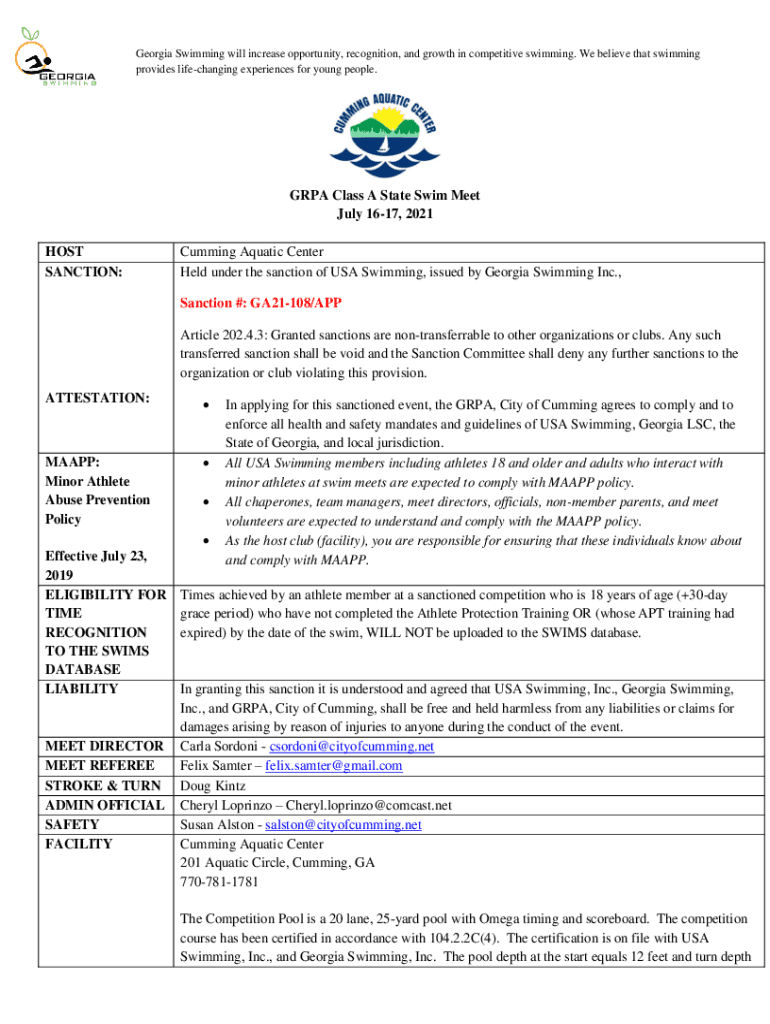Fillable Online GRPA Class A State Swim Meet July 16-17, 2021 HOST ...