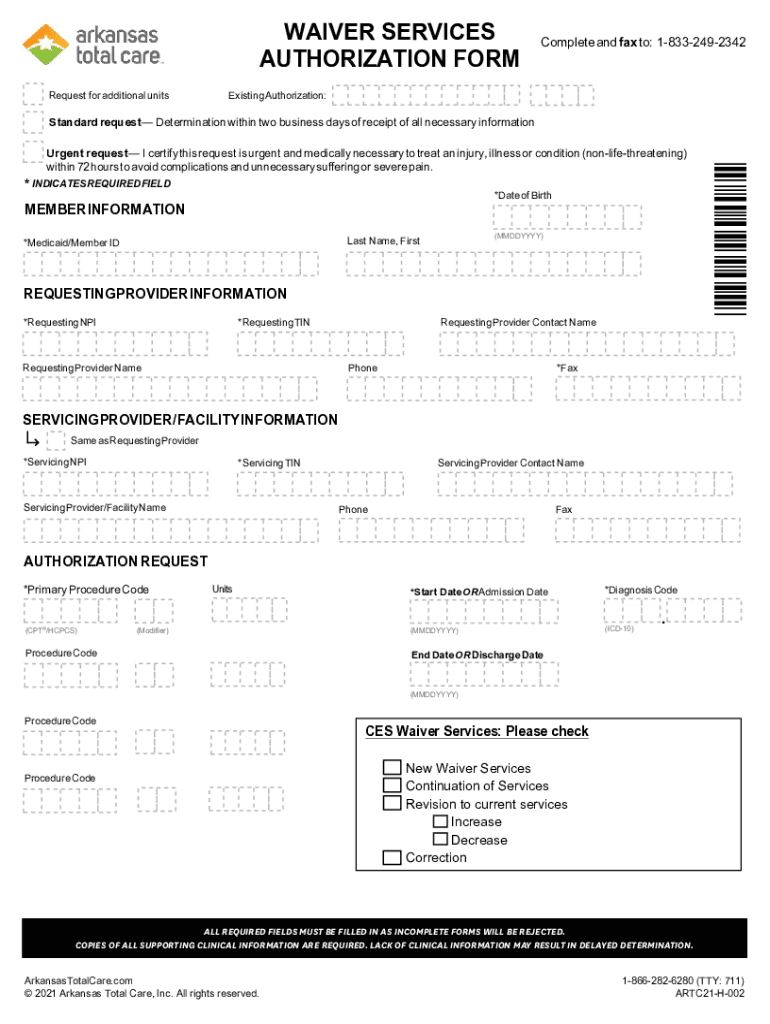 Fillable Online ARTC21-H-002-Waiver Services Authorization Form. Waiver ...