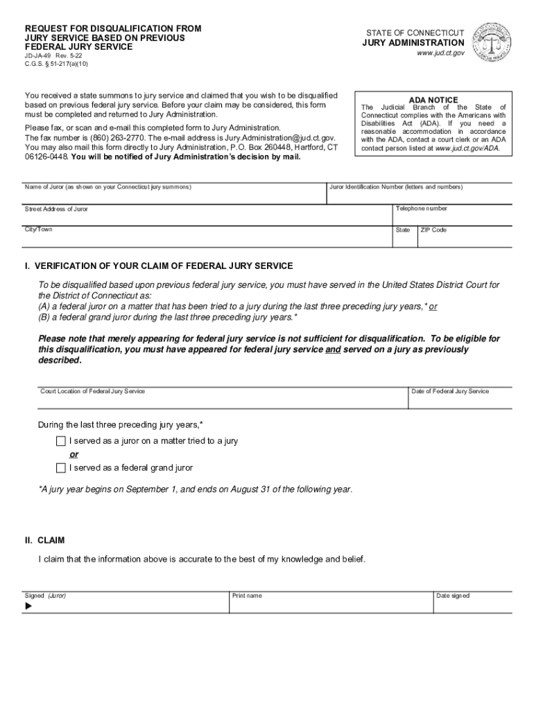 Fillable Online Fillable REQUEST FOR DISQUALIFICATION FROM JURY SERVICE ...