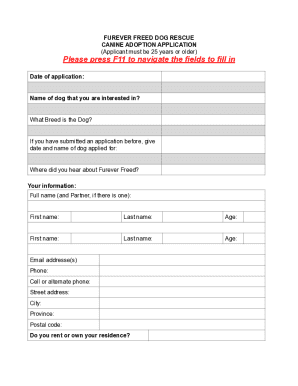 Fillable Online FUREVER FREED DOG RESCUE - adoption application ...
