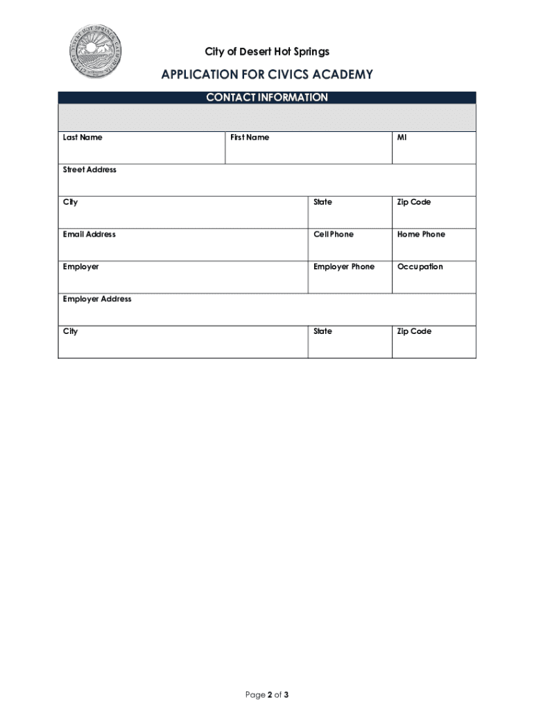 Fillable Online City of Desert Hot Springs - Civics Academy Application ...