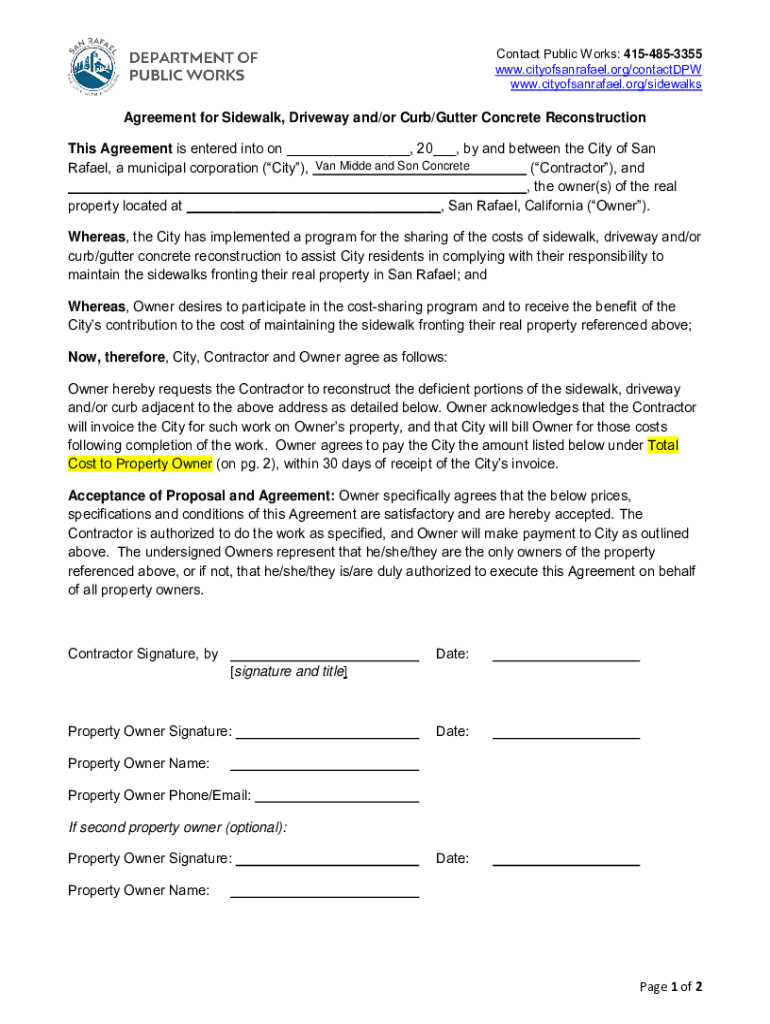 Fillable Online of 2 Agreement for Sidewalk, Driveway and/or Curb ...