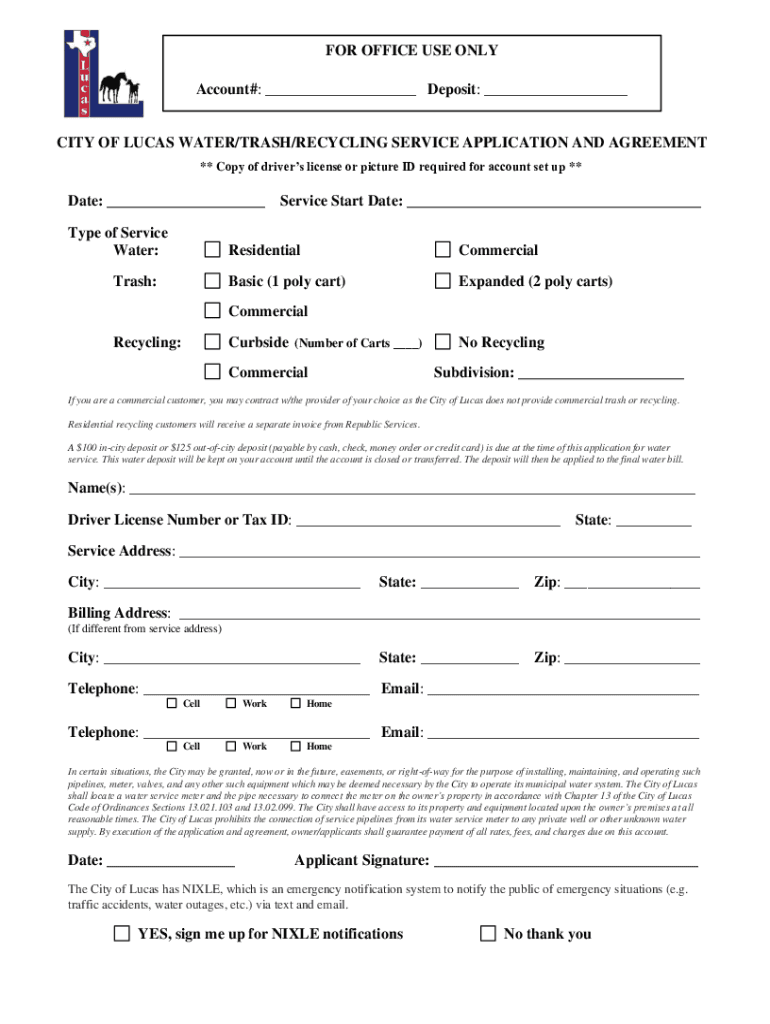 Fillable Online city of lucas water/trash/recycling service application and ... Fax Email Print ...