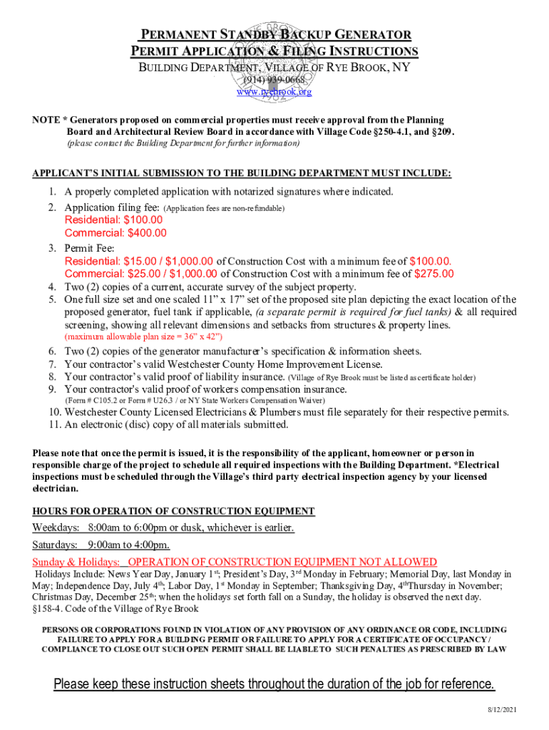 Fillable Online permanent standby backup generator permit application ...